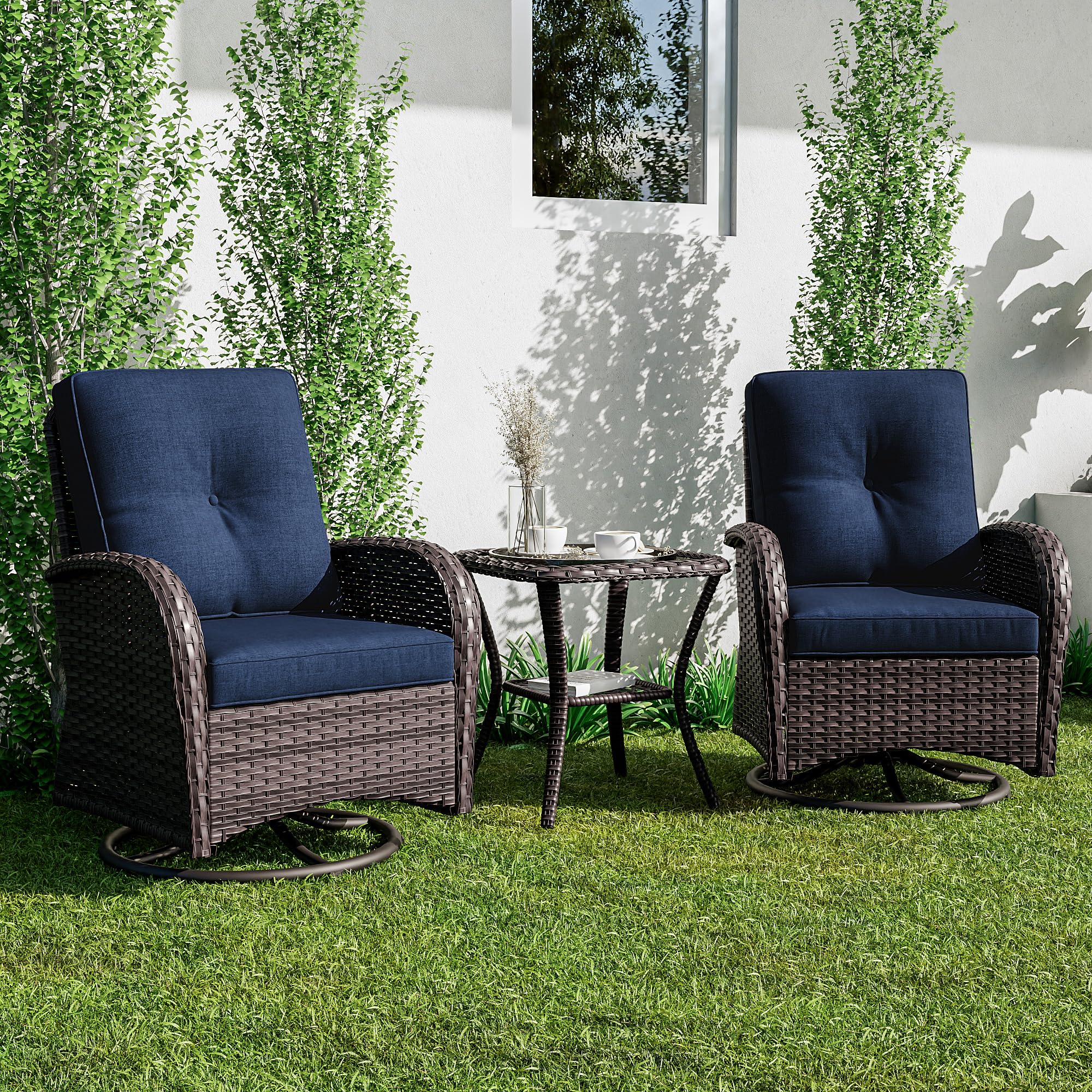 Joyside Patio Swivel Rocker Wicker Chairs - Outdoor Swivel Rocking Chairs Set of 2 with Wicker Side Table, Patio Swivel Rocker Chair 3 Piece Patio Furniture Sets for Porch Deck(Brown/Blue)