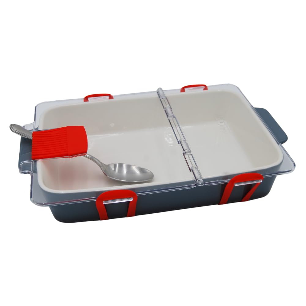 SAFE-T-SIRV Clear Hinged Serving Lid With Utensil Holder, Non-Slip Silicone Straps, Dishwasher Safe (9" x 13",Red)