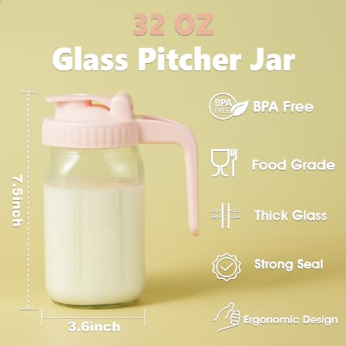 32oz Glass Pitcher with Lid & V-shaped Pour Spout - 1 Quart Breastmilk Pitcher Double Leak Proof, Creamer Container for Sun Tea, Juice, Cold Brew Coffee, Breastmilk Storage Container