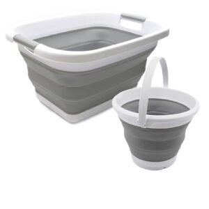 sammart 2 pcs set : 25l (6.6 gallon) collapsible plasic laundry basket & 5.5l (1.4 gallon) collapsible bucket/waterpot (laundry basket+bucket, grey+grey)