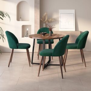 ino design 5-pieces modern 35'' inch round wooden dining table set for 4 comfortable velvet chairs, space saving kitchen furniture, small apartment coffee table set (green)