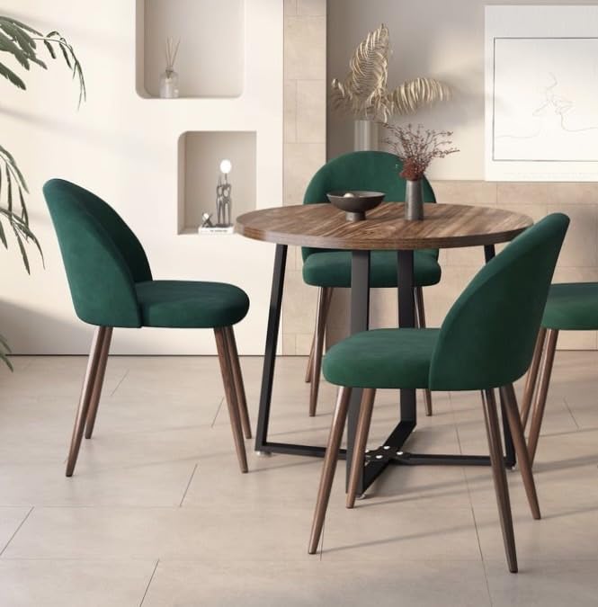 INO Design 5-Pieces Modern 35'' Inch Round Wooden Dining Table Set for 4 Comfortable Velvet Chairs, Space Saving Kitchen Furniture, Small Apartment Coffee Table Set (Green)