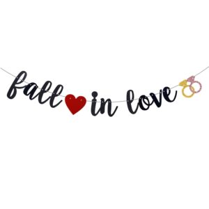 black glitter fall in love banner, vintage gold sign garlands for engagement bridal shower/holiday/thanksgiving day/valentines day/bachelorette/wedding party supplies (pre-strung)