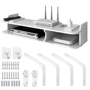 catekro floating wall shelf for modem equipment, with 4 pcs white shelf bracket, wall mount entertainment shelf, modem shelf, for use in living rooms, bedrooms, offices