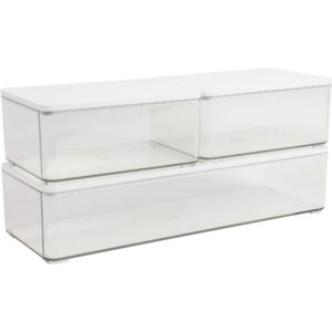 martha stewart grady clear plastic stackable storage boxes with white engineered wood lids, set of 3