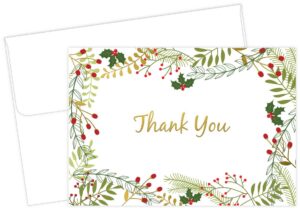 desktop publishing supplies merry twigs & holly thank you note cards & envelopes - 50 pack - christmas thank you notes with gold foil highlights!