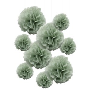 9pcs dusty sage green tissue paper pom poms flowers wall hanging backdrop streamers for botanical neutral baby shower wedding birthday bridal shower nursery room garden décor