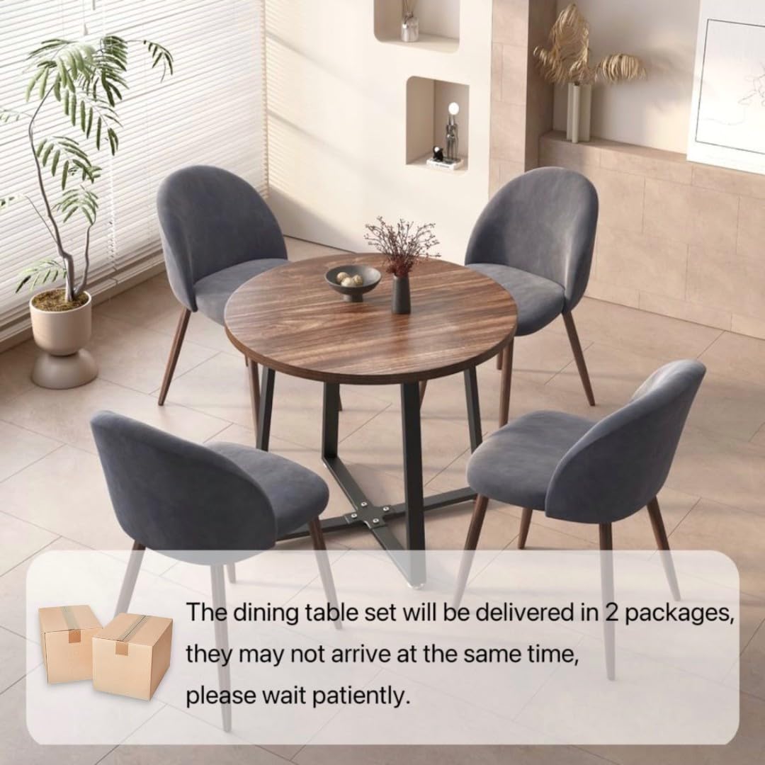 INO Design 5-Pieces Modern 35'' Inch Round Wooden Dining Table Set for 4 Comfortable Velvet Chairs, Space Saving Kitchen Furniture, Small Apartment Coffee Table Set (Grey)