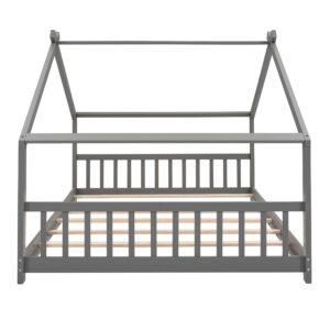 Montessori Floor Bed Frame Full Size, Full Floor Bed Frame with Headboard, Footboard and Slats, Wood Montessori Bed Frame/Montessori House Bed for Kids, Girls, Boys(Gray)