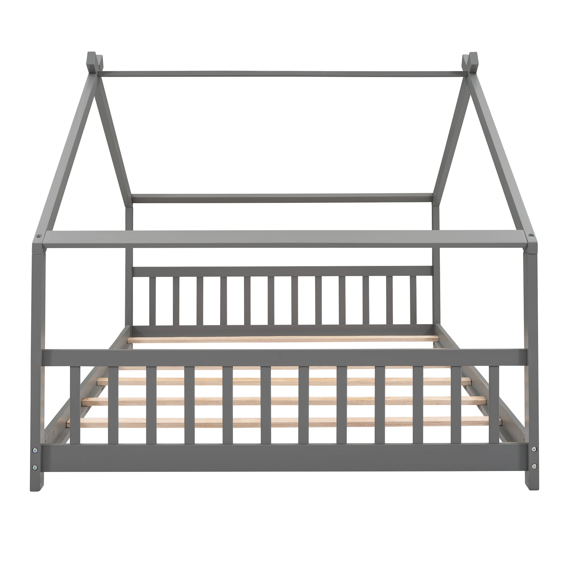 Montessori Floor Bed Frame Full Size, Full Floor Bed Frame with Headboard, Footboard and Slats, Wood Montessori Bed Frame/Montessori House Bed for Kids, Girls, Boys(Gray)