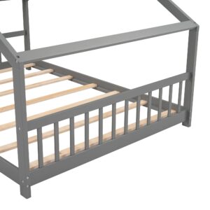 Montessori Floor Bed Frame Full Size, Full Floor Bed Frame with Headboard, Footboard and Slats, Wood Montessori Bed Frame/Montessori House Bed for Kids, Girls, Boys(Gray)