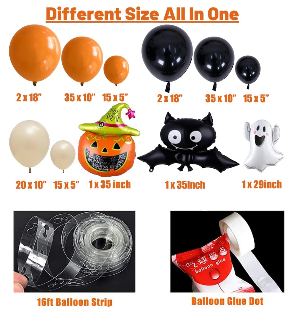 Beaumode Halloween Balloon arch with Pumpkin Bat Ghost Foil Balloons Black Orange Sand White Balloon 142pcsfor Kids Halloween Spooky Costume Party Decorations (Orange Black)