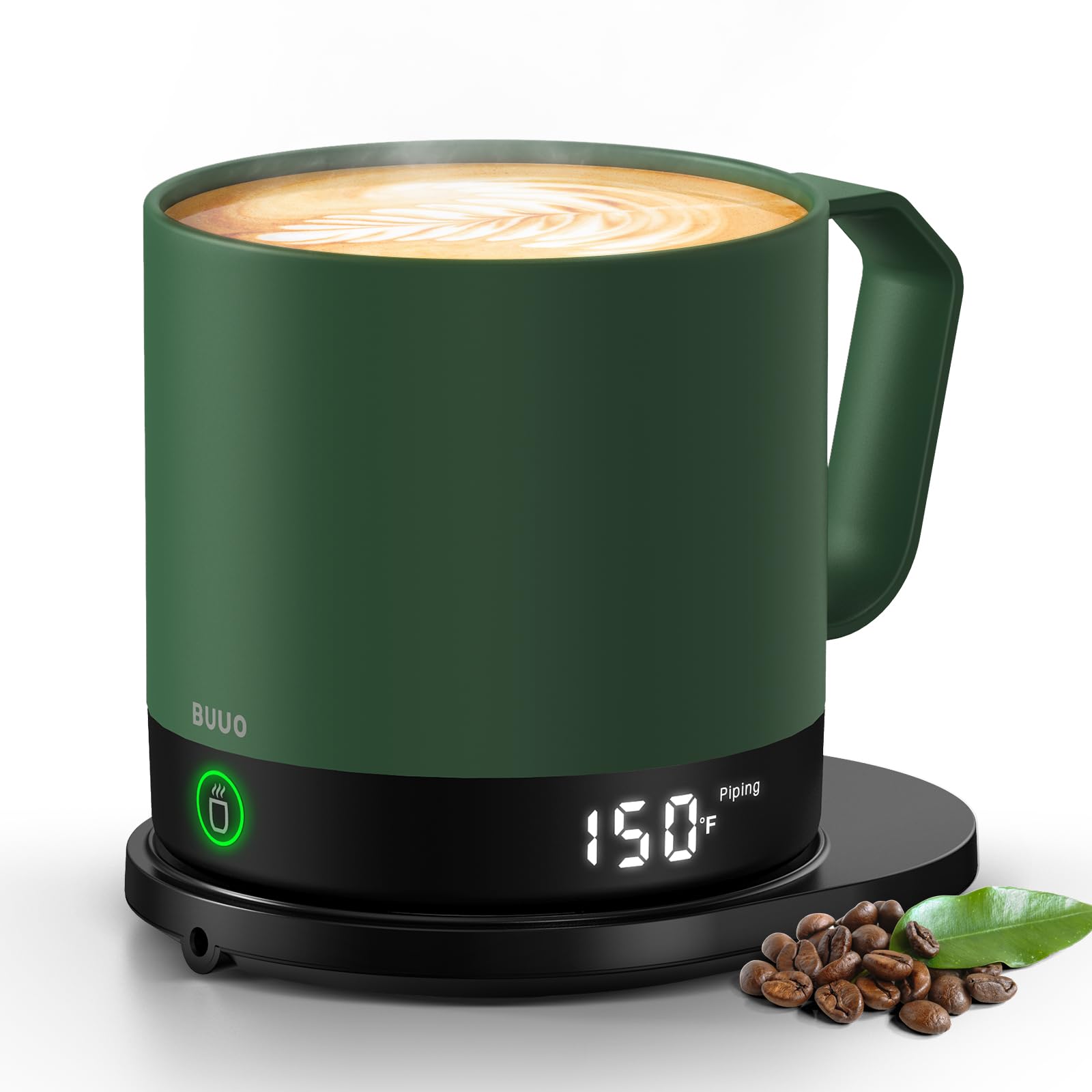 buuo Self Heating Coffee Mug, 14 Oz Temperature Control Smart Mug, double sided & Real-Time LED display, Fast Heating, mug warmer with 120 Min Battery Life, Birthday Gifts for Women and Men(Green)