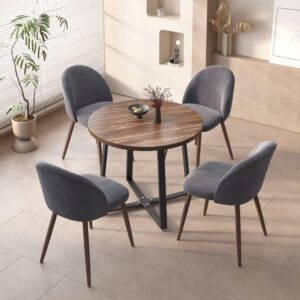 ino design 5-pieces modern 35'' inch round wooden dining table set for 4 comfortable velvet chairs, space saving kitchen furniture, small apartment coffee table set (grey)