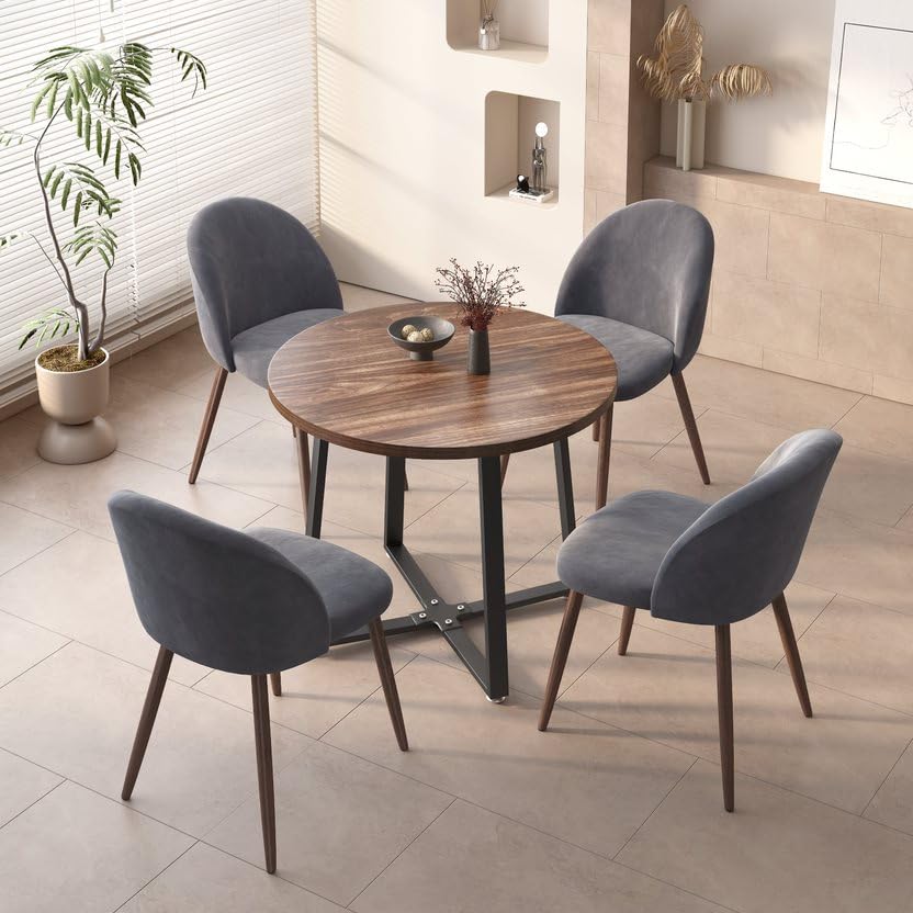 INO Design 5-Pieces Modern 35'' Inch Round Wooden Dining Table Set for 4 Comfortable Velvet Chairs, Space Saving Kitchen Furniture, Small Apartment Coffee Table Set (Grey)