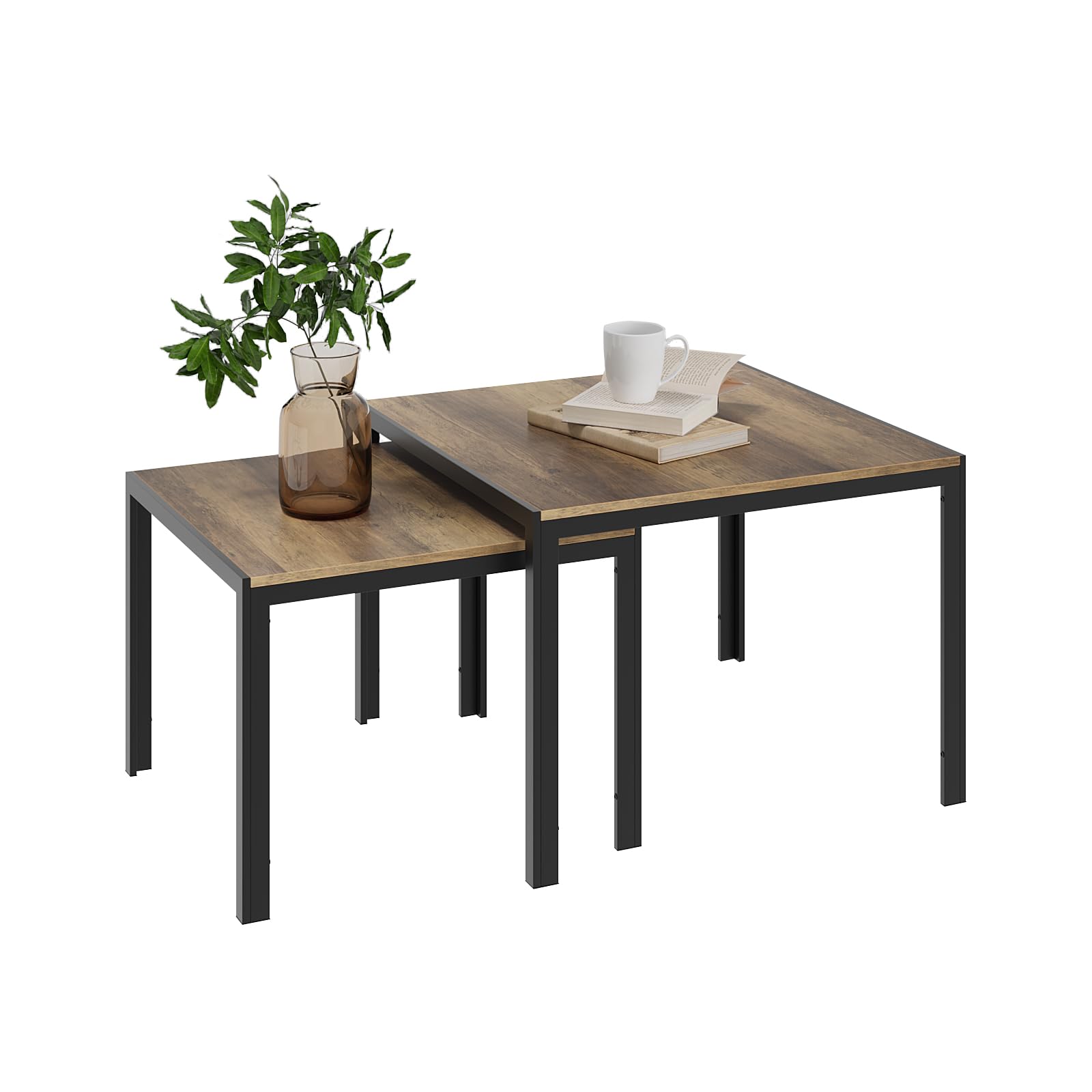 Smuxee Nesting Coffee Table Set of 2, Square Modern Stacking Table with Wood Finish, Industrial End Table Side Tables for Living Room Bedroom Balcony Yard Oak