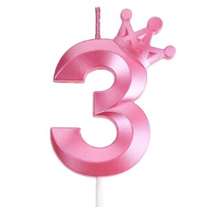 pink number 3 birthday candle丨3rd ​birthday party pink theme decorations丨3d crown designed number candles for birthday cake topper decorations（3 candle pink）