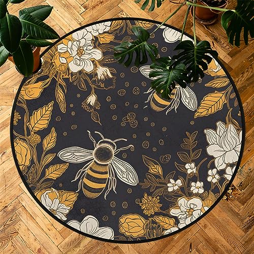 OMFUNS Animal Bee Round Area Rug Bedroom 5.2 Ft, Daisy Floral Circle Floor Mat Non-Slip Washable Accent Throw Rugs Carpet for Living Room Kids Room Nursery Entryway Laundry