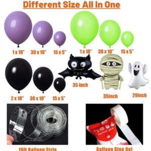 Beaumode Halloween Balloon arch with Mummy Bat Ghost Foil Balloons Black Purple Green Balloon 142pcs for Kids Spooky Ghost Party Birthday Baby Shower Decorations(Black Green Purple)