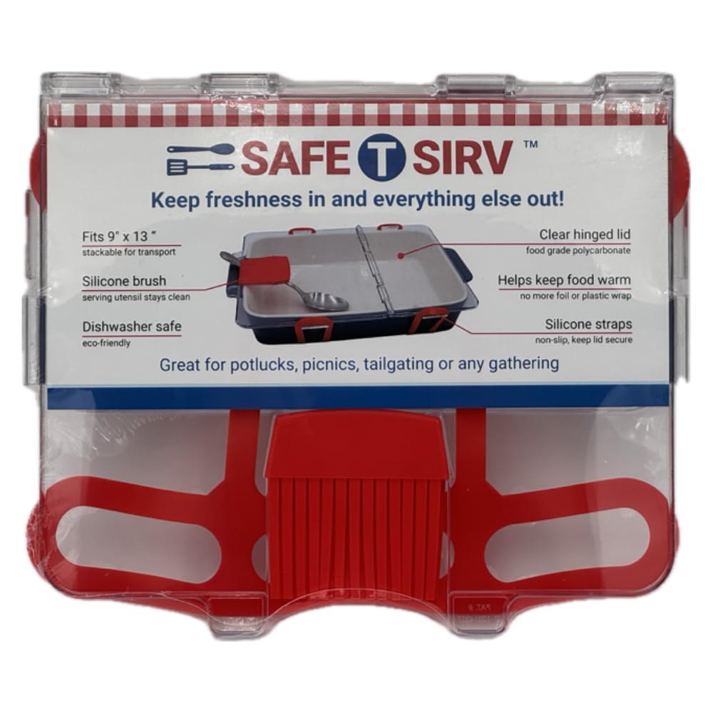 SAFE-T-SIRV Clear Hinged Serving Lid With Utensil Holder, Non-Slip Silicone Straps, Dishwasher Safe (9" x 13",Red)