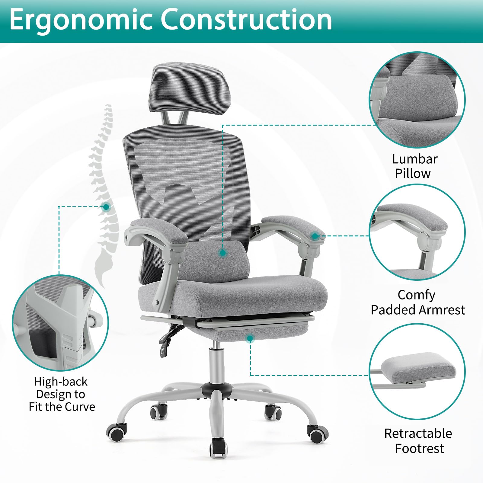 DUMOS Home Office Desk Chair with Footrest, High-Back Mesh Rolling Swivel Reclining Chairs with Wheels, Comfortable Headrest, Lumbar Support, Comfy Arms for Home, Office, Gaming, Student, Grey