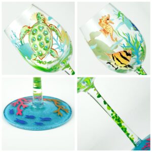 NymphFable 100% Hand-Painted Wine Glass Ocean Turtles Seagrasses Glass Artisan Painted Glass 15oz Gift for Friend Family (1 Piece)