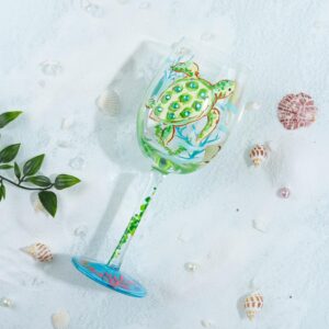 NymphFable 100% Hand-Painted Wine Glass Ocean Turtles Seagrasses Glass Artisan Painted Glass 15oz Gift for Friend Family (1 Piece)