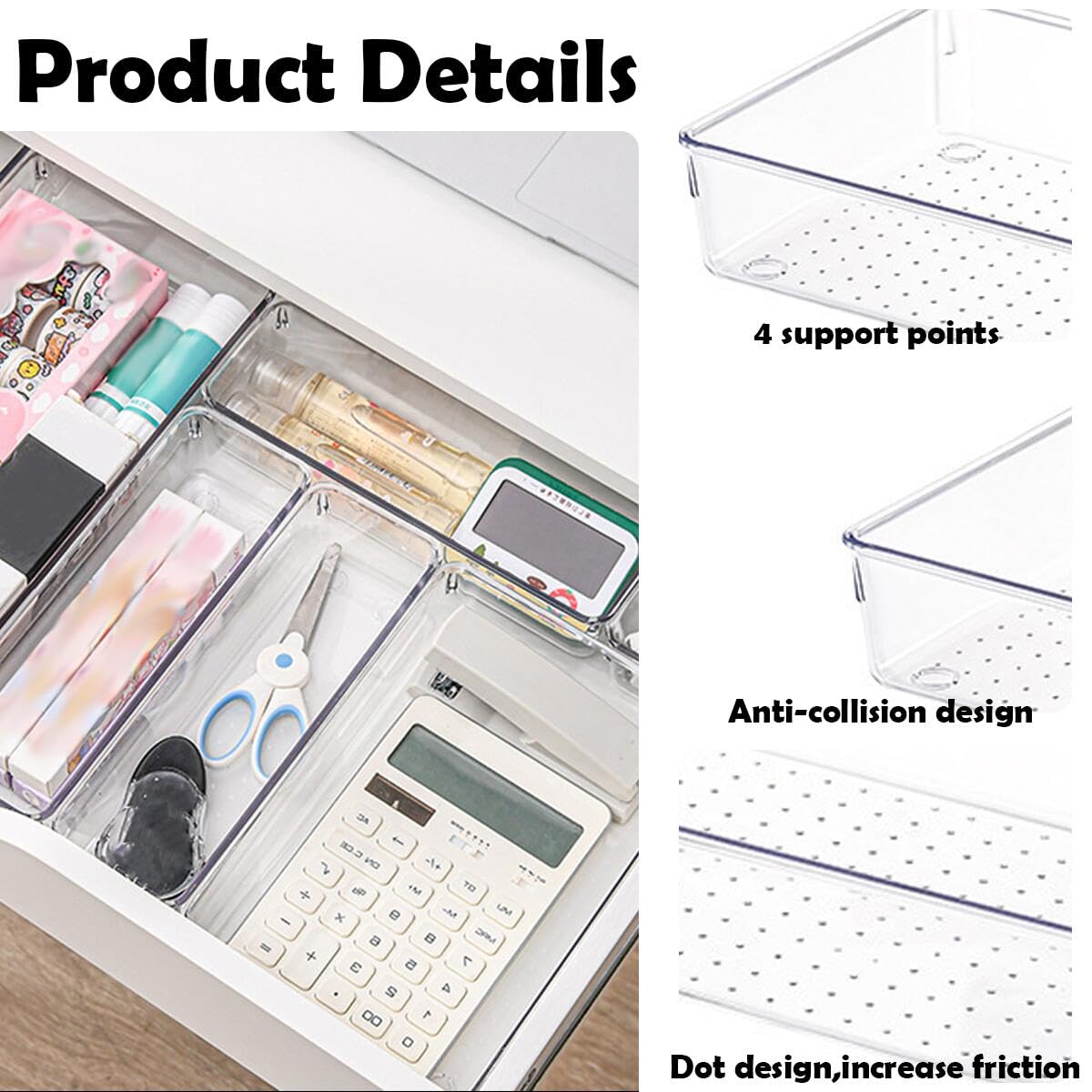 Voittozege 6 Pack Clear Drawer Organizer Trays Plastic Drawer Organizers Set 15 x 6 x 2 Inch Desk Drawer Divider Storage Bins Stackable Drawer Organizer Trays for Dresser Makeup Kitchen Office