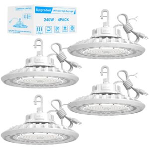 240w led ufo high bay light white 4pack, high bay led lights 36,000lm 0-10v dimmable high bay led shop lights, 5' cable us plug, hanging hook, safe rope, etl listed for warehouse factory barn shop