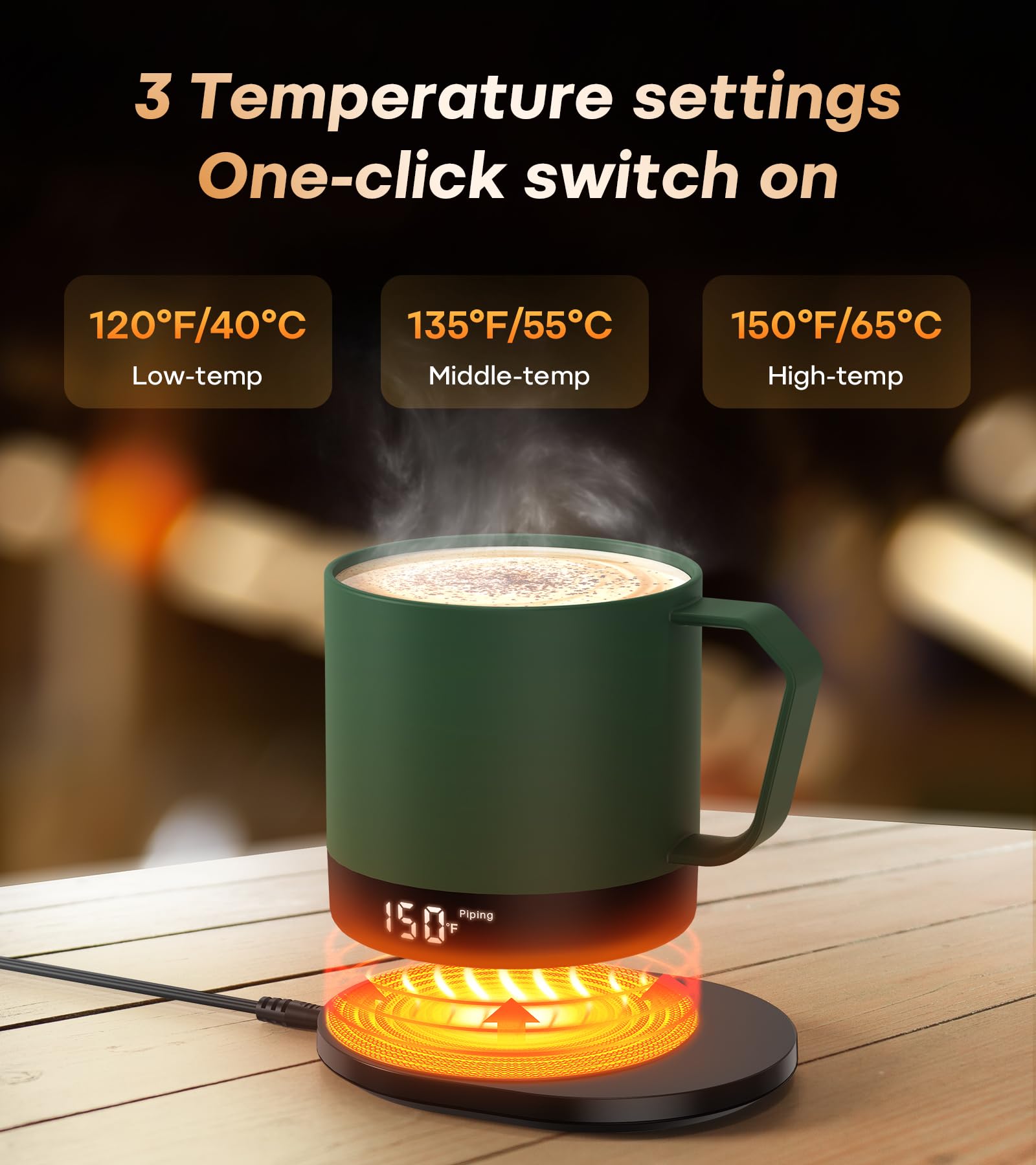 buuo Self Heating Coffee Mug, 14 Oz Temperature Control Smart Mug, double sided & Real-Time LED display, Fast Heating, mug warmer with 120 Min Battery Life, Birthday Gifts for Women and Men(Green)