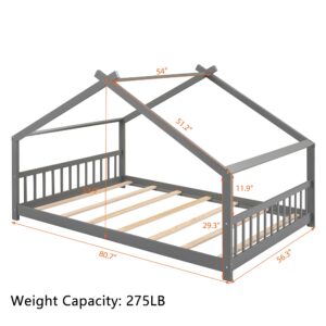 Montessori Floor Bed Frame Full Size, Full Floor Bed Frame with Headboard, Footboard and Slats, Wood Montessori Bed Frame/Montessori House Bed for Kids, Girls, Boys(Gray)