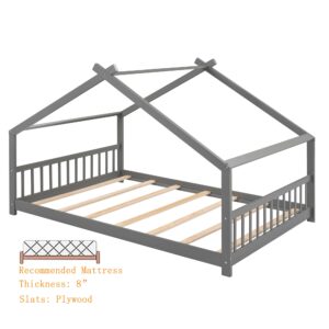 Montessori Floor Bed Frame Full Size, Full Floor Bed Frame with Headboard, Footboard and Slats, Wood Montessori Bed Frame/Montessori House Bed for Kids, Girls, Boys(Gray)