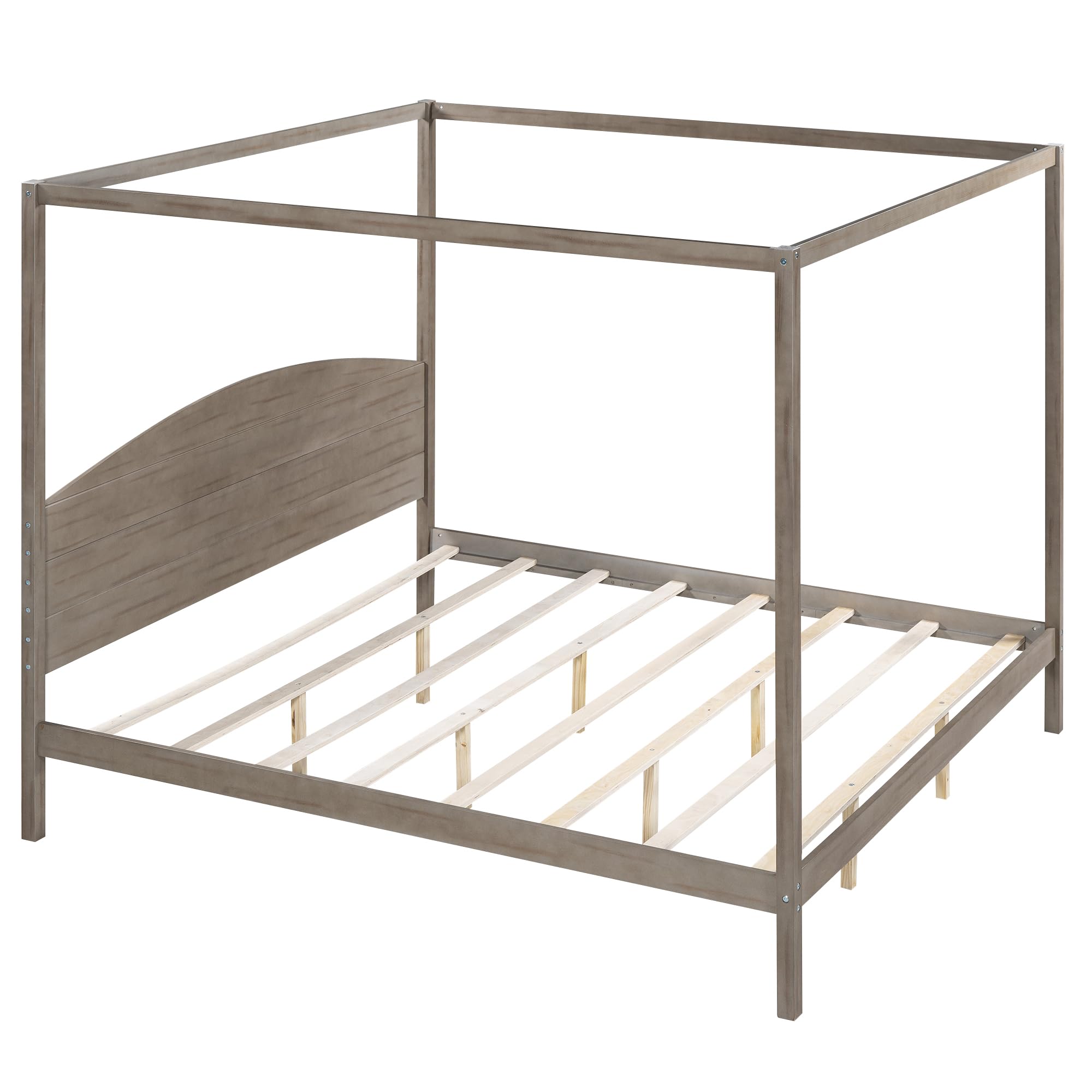 Wooden King Size Canopy Platform Bed with Headboard and Support Legs,for Kids Boys Girls Teens Adults Bedroom Use (King, Brown Wash@Headboard)