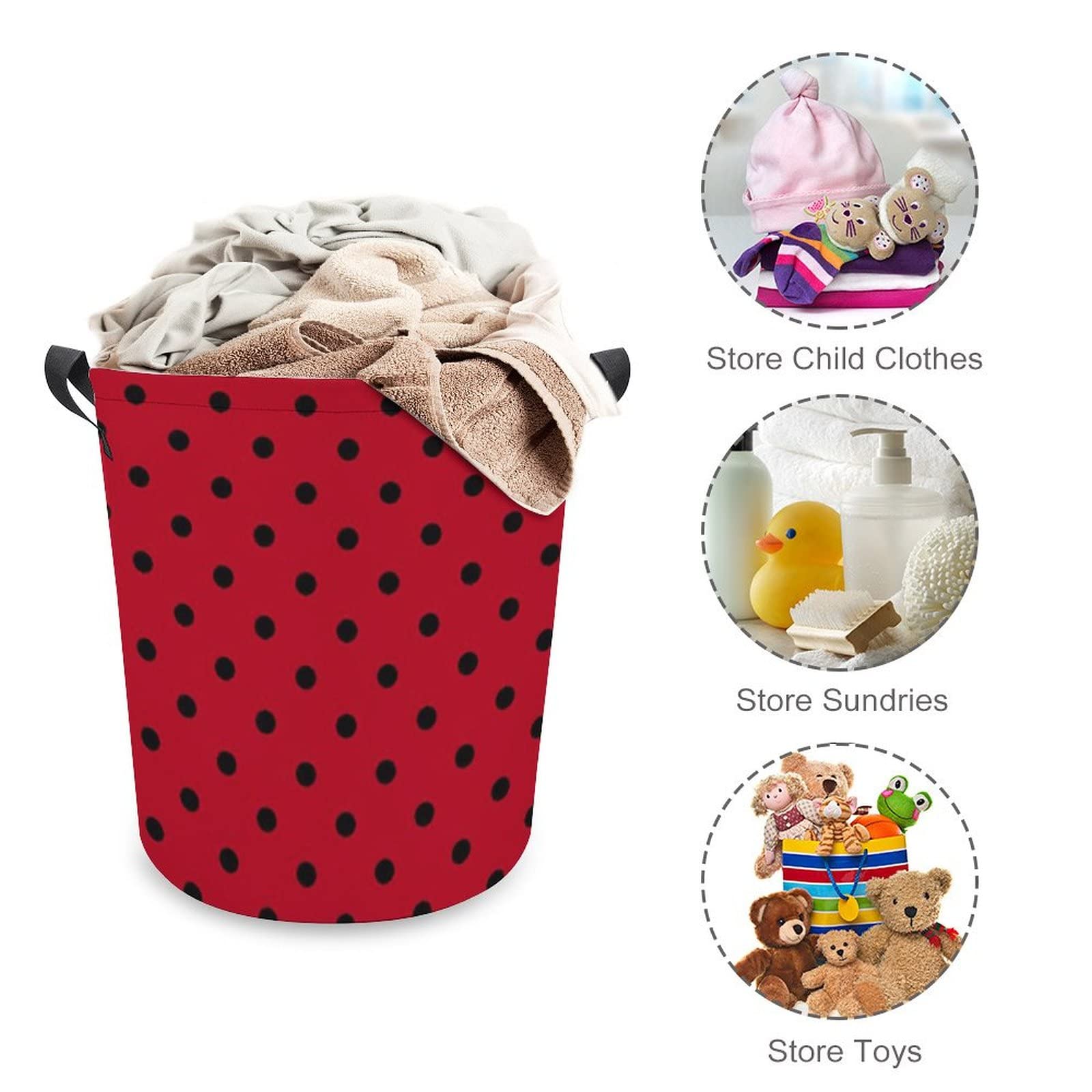 Large Laundry Hamper, Bag, Red and Black Polka Dots Collapsible Laundry Basket Dirty Clothes Washing Bin for College Dorm, Family Essentials