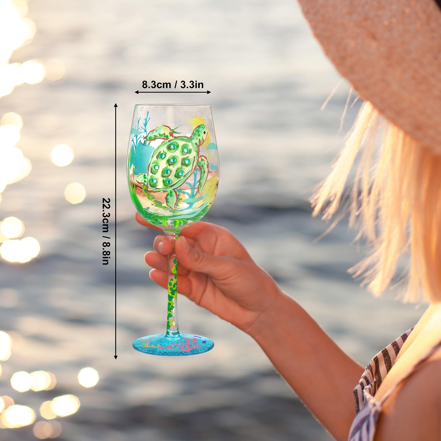 NymphFable 100% Hand-Painted Wine Glass Ocean Turtles Seagrasses Glass Artisan Painted Glass 15oz Gift for Friend Family (1 Piece)