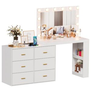 PakaLife Makeup Vanity with Mirror and 3-Color Lights, Vanity Desk Dressing Table with Charging Station,6 Drawers,Side 2 Storage Shelves for Bedroom,White