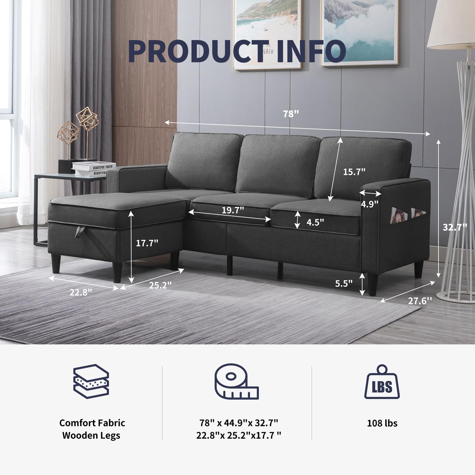 ijuicy Convertible Sectional Sofa Couch, L Shaped Upholstered Couch with Movable Storage Ottoman & Side Pockets, Modern Linen Fabric Couches for Living Room,Apartment,Office (Dark Grey)