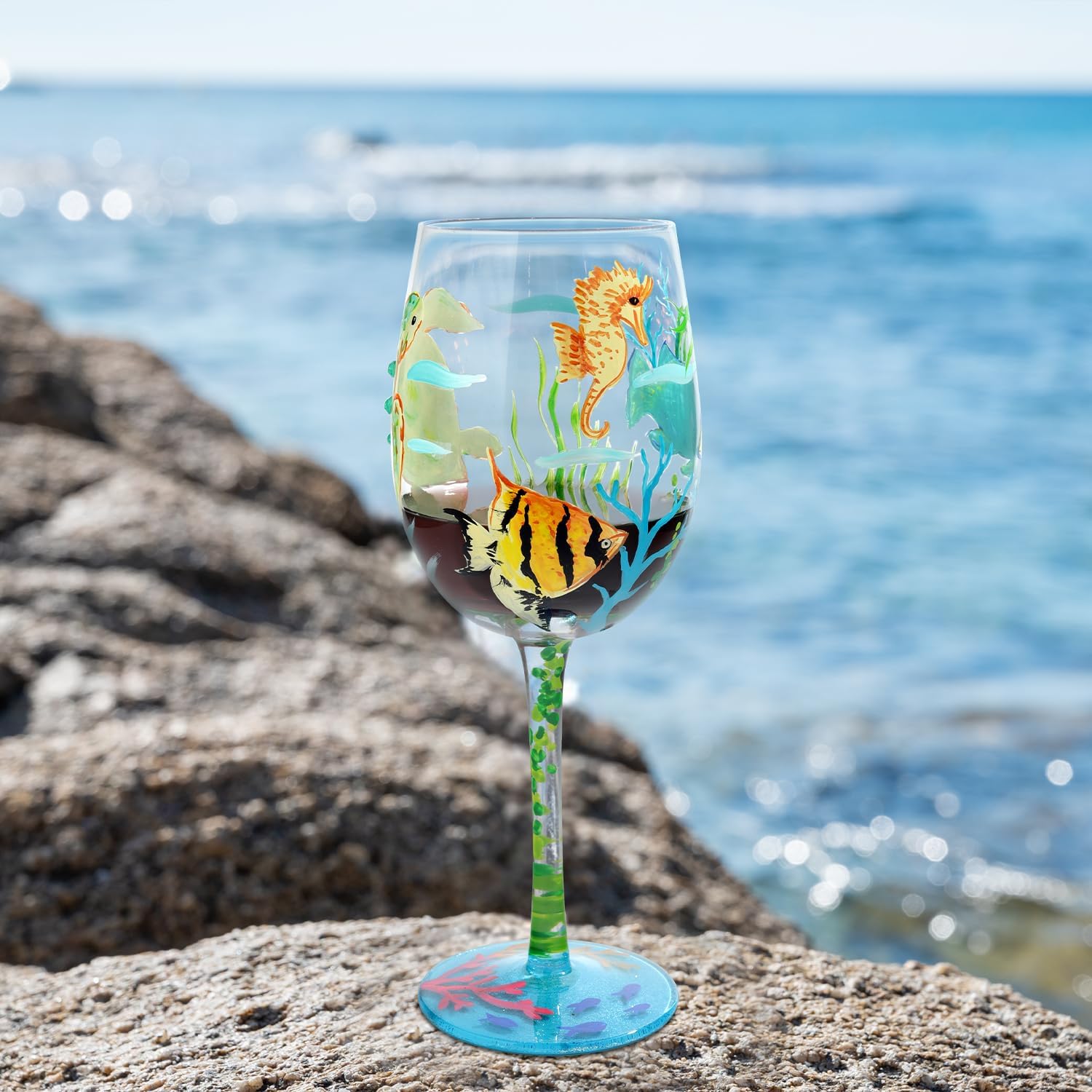 NymphFable 100% Hand-Painted Wine Glass Ocean Turtles Seagrasses Glass Artisan Painted Glass 15oz Gift for Friend Family (1 Piece)