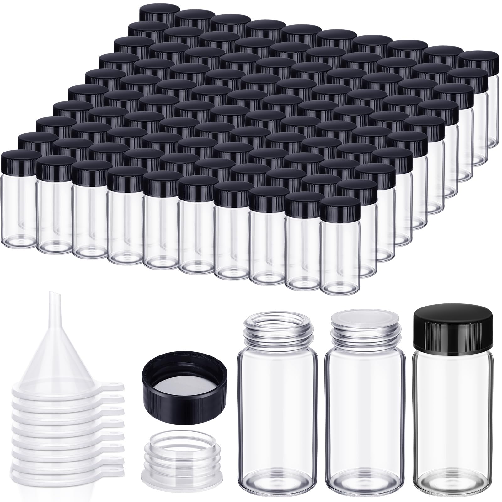 Ziliny 110 Pack 20 ml Glass Vials Clear Small Empty Glass Sample Bottles with Screw Cap Plastic Stoppers, Shims and Plastic Mini Funnels, Sample Leakproof Small Vials Storage Container