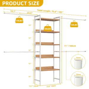 DWVO Closet Organizer System for Bedroom, Adjustable Heavy Duty Garment Rack Walk In Closet System, 4 Expandable Hanger Rods 5-Tier Wood Closet Storage Shelves with Backplane, Fits 6-9 ft Space, White