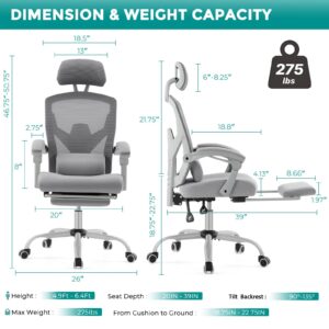 DUMOS Home Office Desk Chair with Footrest, High-Back Mesh Rolling Swivel Reclining Chairs with Wheels, Comfortable Headrest, Lumbar Support, Comfy Arms for Home, Office, Gaming, Student, Grey