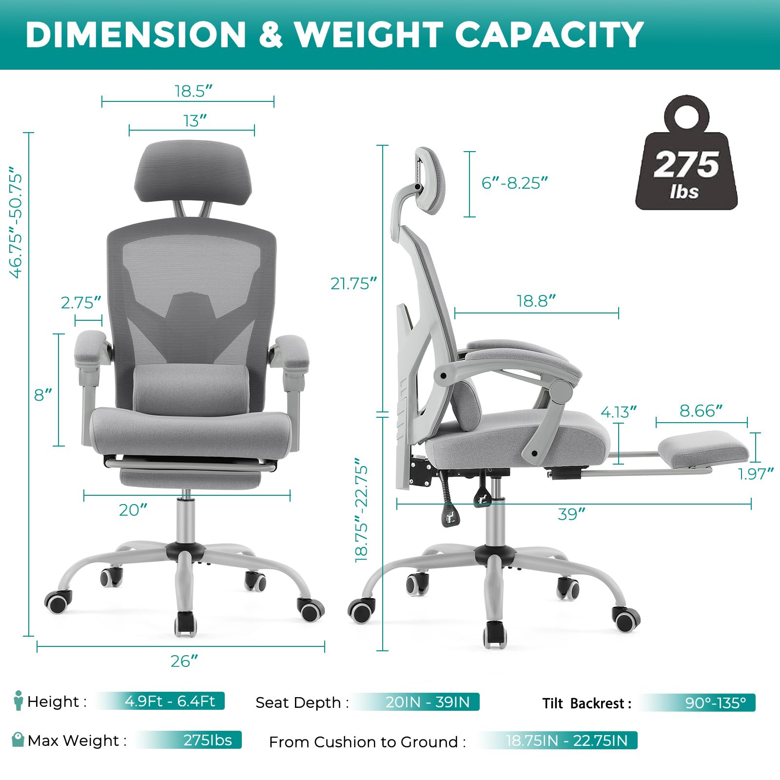 DUMOS Home Office Desk Chair with Footrest, High-Back Mesh Rolling Swivel Reclining Chairs with Wheels, Comfortable Headrest, Lumbar Support, Comfy Arms for Home, Office, Gaming, Student, Grey