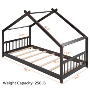 Montessori Floor Bed Frame Twin Size, Twin Floor Bed Frame with Headboard, Footboard and Slats, Wood Montessori Bed Frame/Montessori House Bed for Kids, Girls, Boys(Espresso)