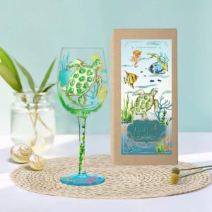 NymphFable 100% Hand-Painted Wine Glass Ocean Turtles Seagrasses Glass Artisan Painted Glass 15oz Gift for Friend Family (1 Piece)