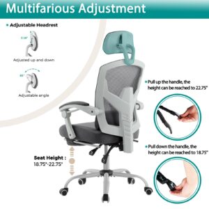 DUMOS Home Office Desk Chair with Footrest, High-Back Mesh Rolling Swivel Reclining Chairs with Wheels, Comfortable Headrest, Lumbar Support, Comfy Arms for Home, Office, Gaming, Student, Grey