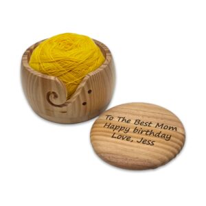 cheerzeer customize personalized large wooden bowl with lid for knitters and crocheters, wood yarn ball holder gift for grandma and mom on mother's day, christmas, birthdays