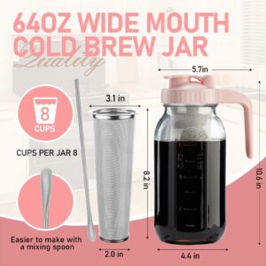 Cold Brew Coffee Maker with V-shaped Lid, 64oz Cold Brew Pitcher with Stainless Steel Filter, BPA Free Sturdy Mason Jar Cold Brew Maker for Coffee, Iced Tea, Sun Tea, Lemonade