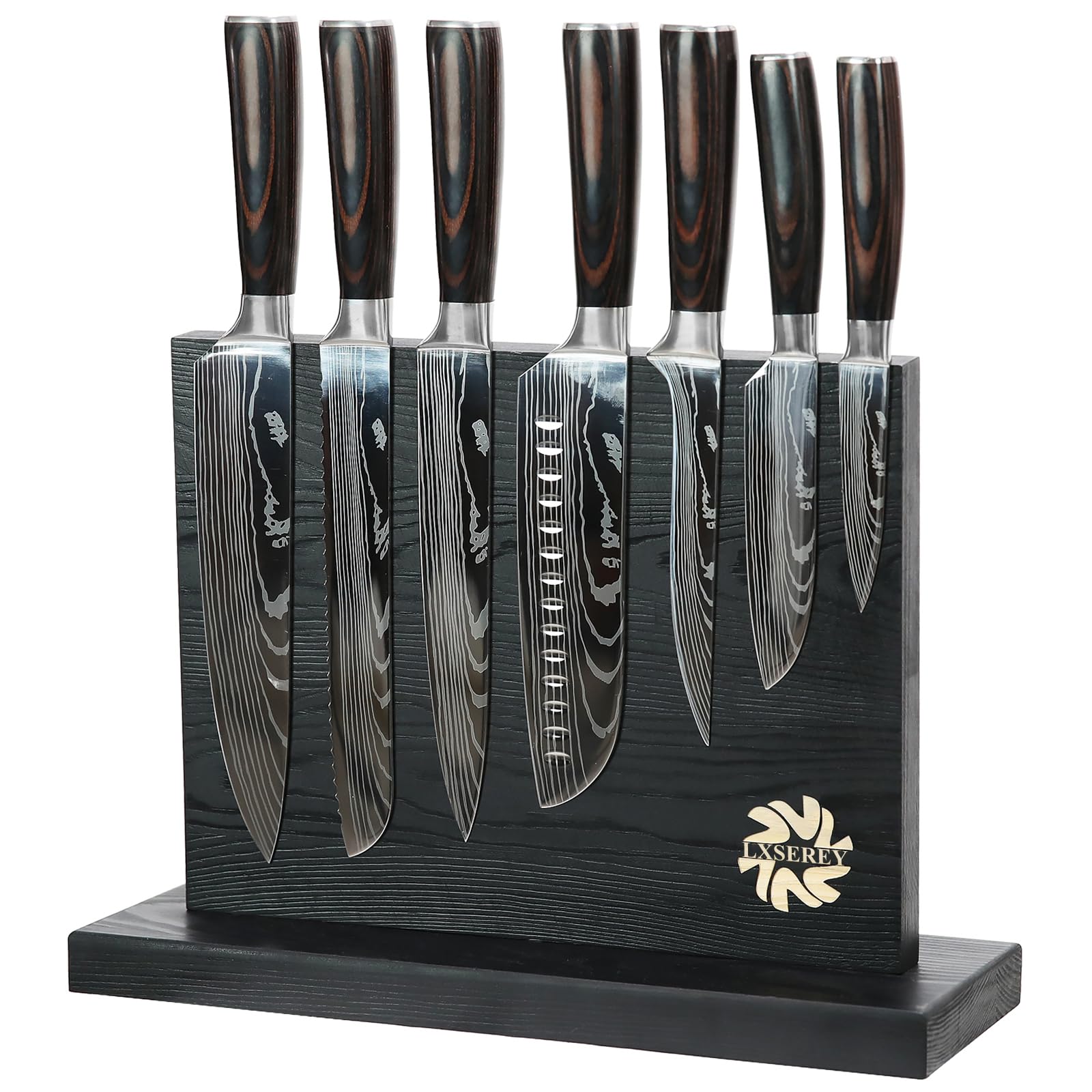 Knife Set with Block for Kitchen - 7Pcs Hand-Forged Kitchen Knife and Magnetic Holder with Ergonomic Handle-Perfect for Novice to Professional Chefs.