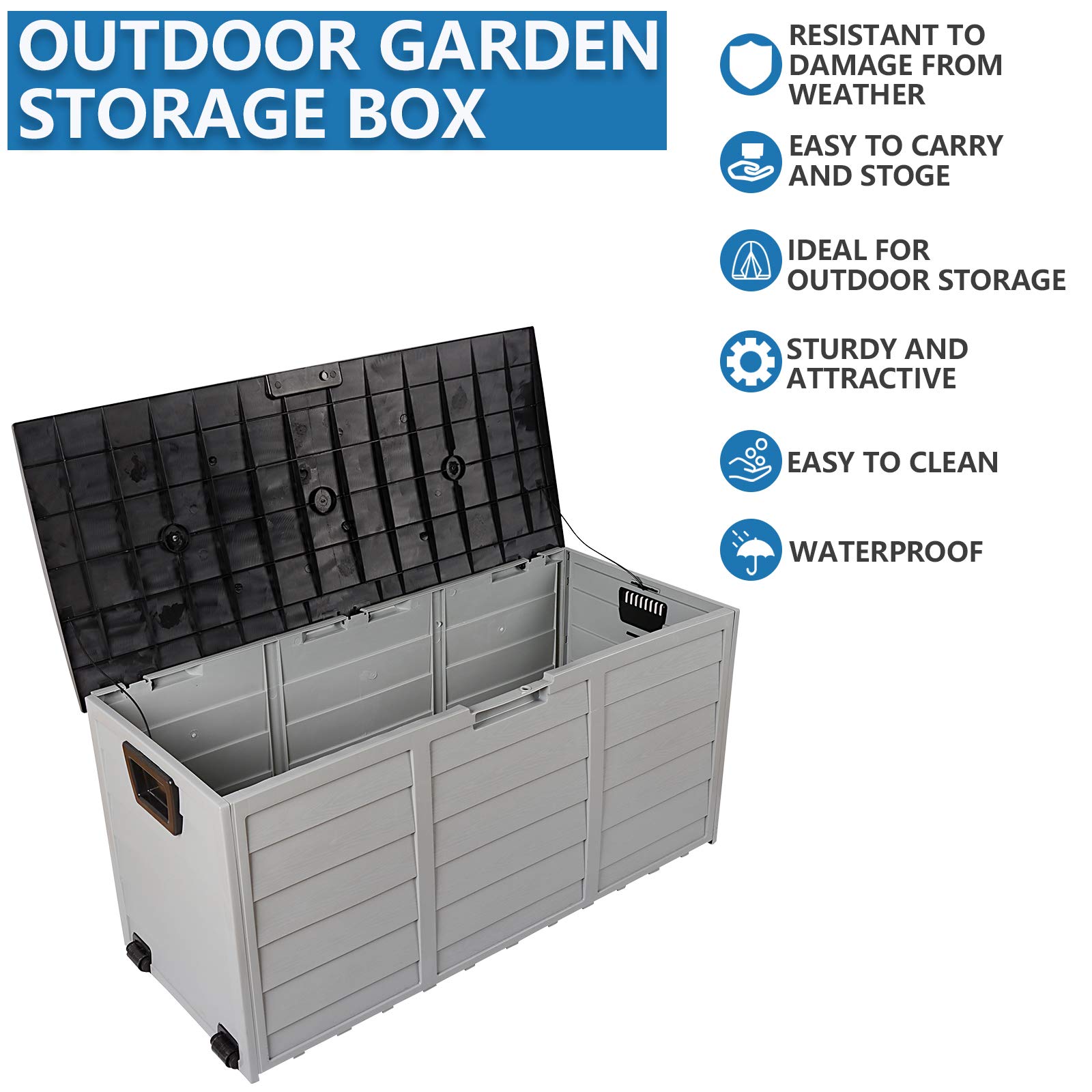 75 Gallon Deck Box for Outdoor Storage with Garden-Friendly Design, Ideal for Patio Furniture, Pool Toys, and Garden Tools, Measures 44 x 21.3 x 19.3 Inches,Black