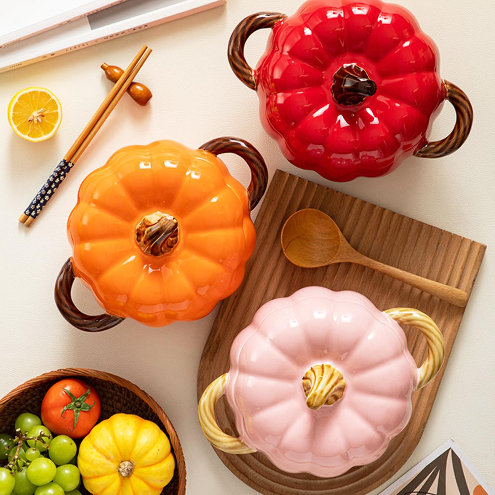 Dutch Oven Pot with Lid, Pumpkin Pottery Dessert Saucepan, Mini Baking Dish Cute Pumpkin Bowl, Covered Dutch Oven Ceramic Stockpot, Pumpkin-Shaped Casserole (Orange)